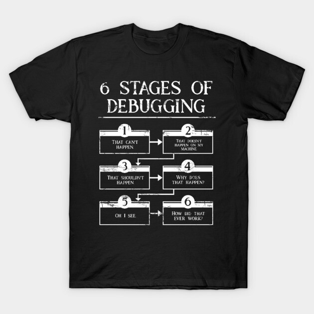 6 Stages Of Debugging Computer Programming - Programmer - T-Shirt | TeePublic