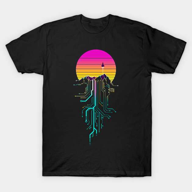 Synth Mountain Sunrise - Synthwave - T-Shirt | TeePublic