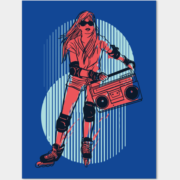 Vintage Rollerblading Girl with Boombox Illustration - Rollerblading ...