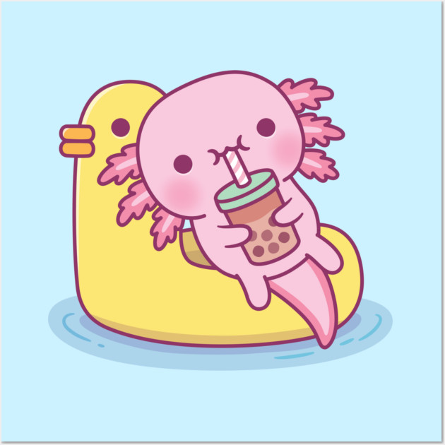 Cute Axolotl Chilling On Duck Pool Float Drinking Bubble Tea - Cute ...