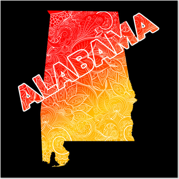 Colorful mandala art map of Alabama with text in red and orange ...