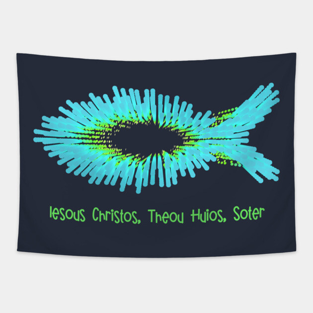 Cool Blue Jesus Fish With Greek Meaning - Jesus Fish - Tapestry | TeePublic