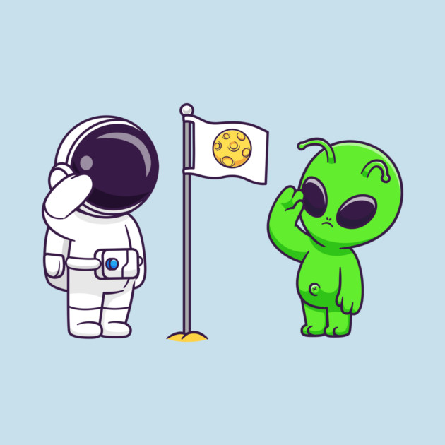 Cute Astronaut and Cute Alien Respect Moon Flag Cartoon - Cute ...