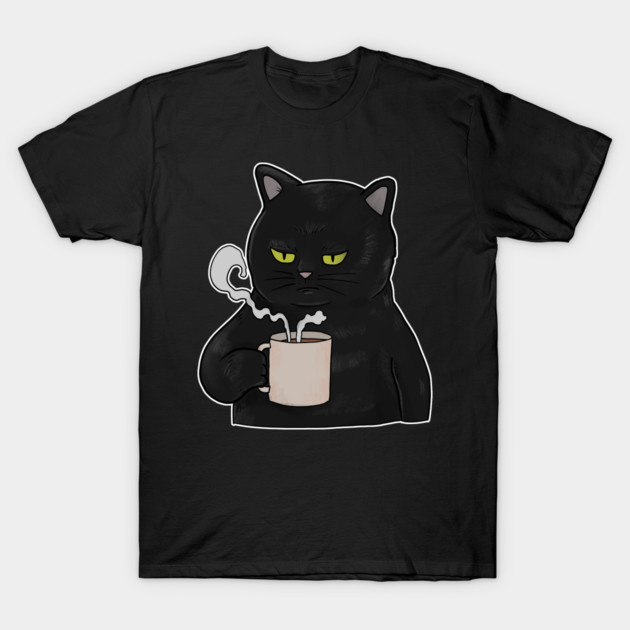 grumpy black cat with coffee