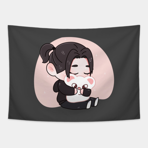 chibi hugging something