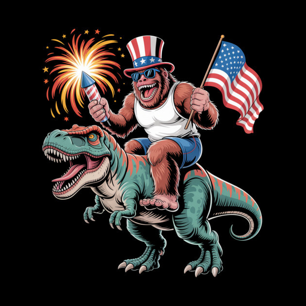 Bigfoot Sasquatch Riding Dinosaur 4Th Of July - Bigfoot - Pin | TeePublic