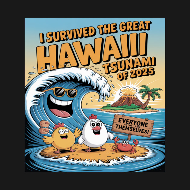 I Survived The Great Hawaii Tsunami of 2025 Funny Cartoon T-Shirt ...
