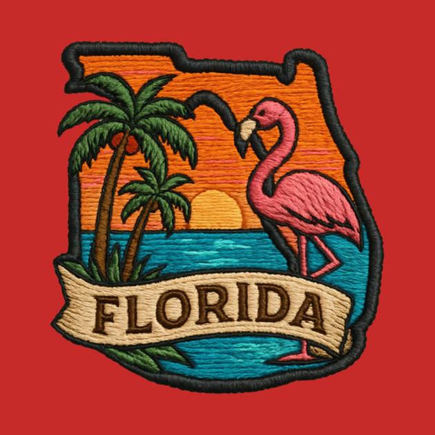 Florida Embroidered Badge Patch – Flamingo, Palm Trees & Sunset Design ...