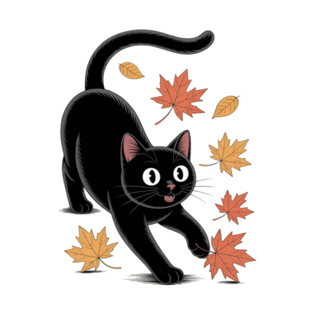 Cute Black Cat Pouncing Leaves - Black Cat - T-Shirt | TeePublic