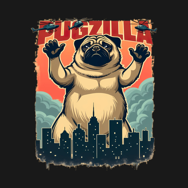 Pugzilla Giant Pug Dog Movie - Retro Movie Design - T-Shirt | TeePublic