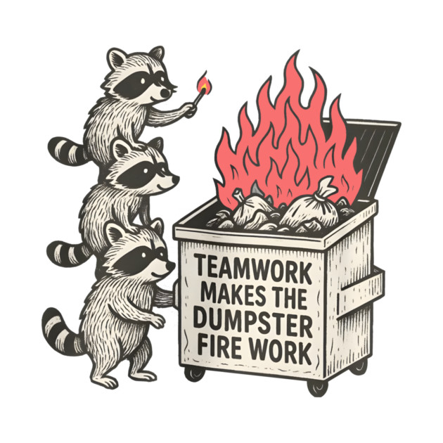 Teamwork Makes The Dumpster Fire Work. - Raccoon Meme - T-Shirt | TeePublic