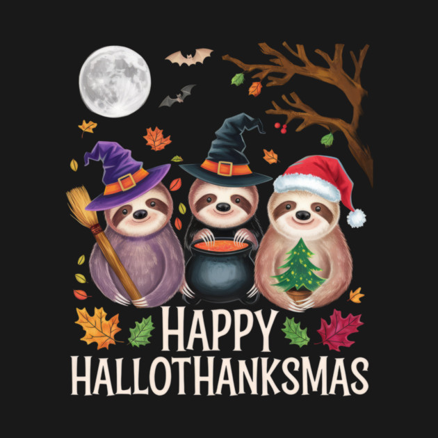 Happy HalloThanksMas Sloths - Thanksgiving Sloths - T-Shirt | TeePublic