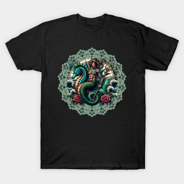 Mythic Merman Warrior on Seahorse – Ocean Tattoo Style Design - Merman ...