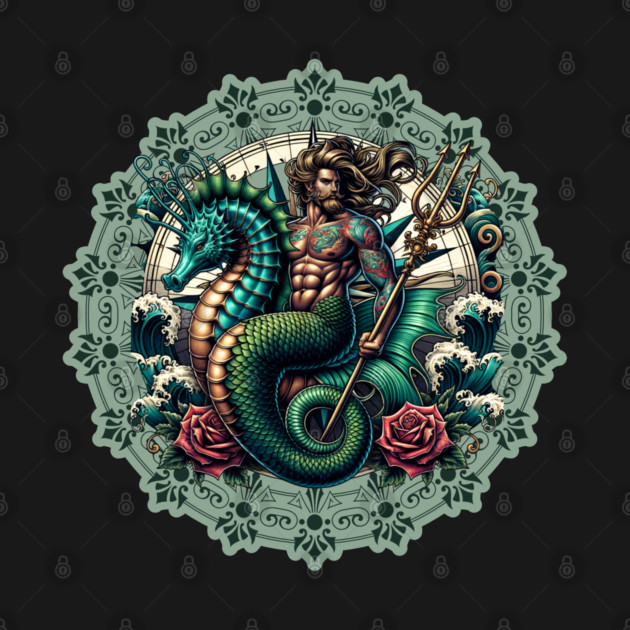 Mythic Merman Warrior on Seahorse – Ocean Tattoo Style Design - Merman ...