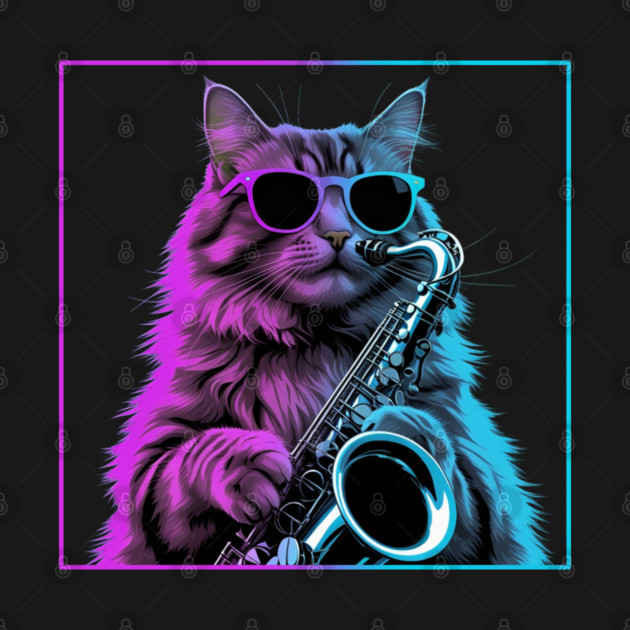 Synthwave Saxophone Cat Shirt – Retro Neon Jazz Cat Music Lover ...