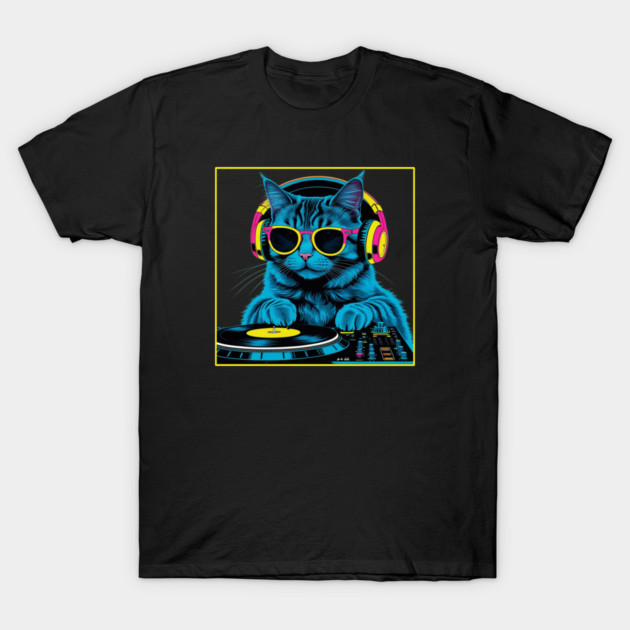 Synthwave DJ Cat – Neon Retro Cat with Headphones Spinning Vinyl ...