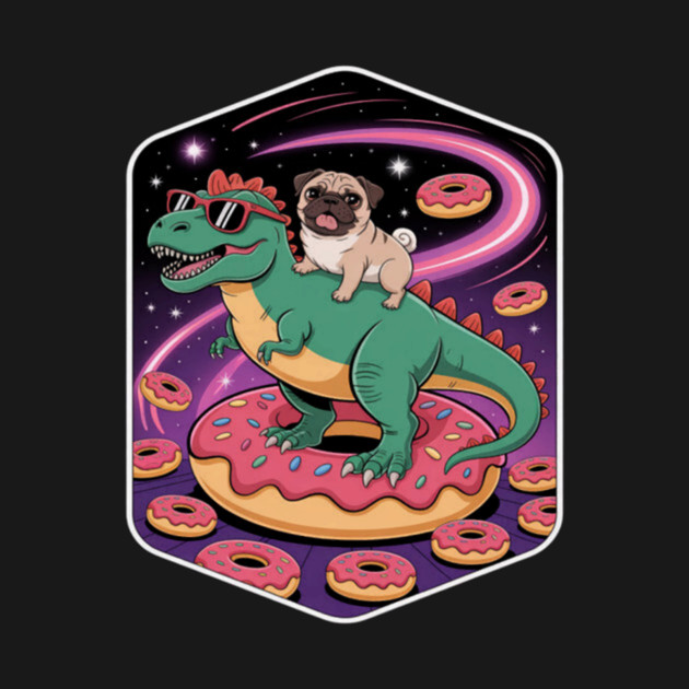 Pug Riding Dino With Glasses in Space on a Donut Funny - Dino - T-Shirt ...