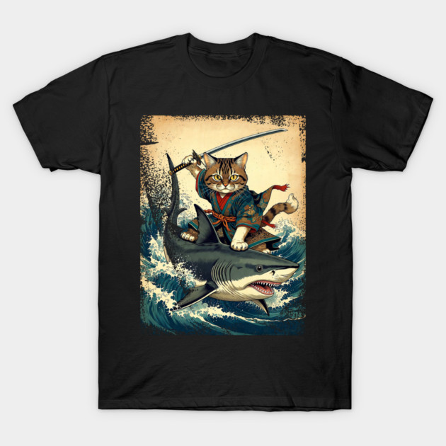 Vintage Samurai Cat Riding a Shark in Japanese Art Anime - Samurai Cat ...