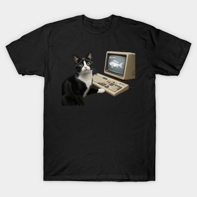 Cat on Retro Computer - Cat On Retro Computer - T-Shirt | TeePublic