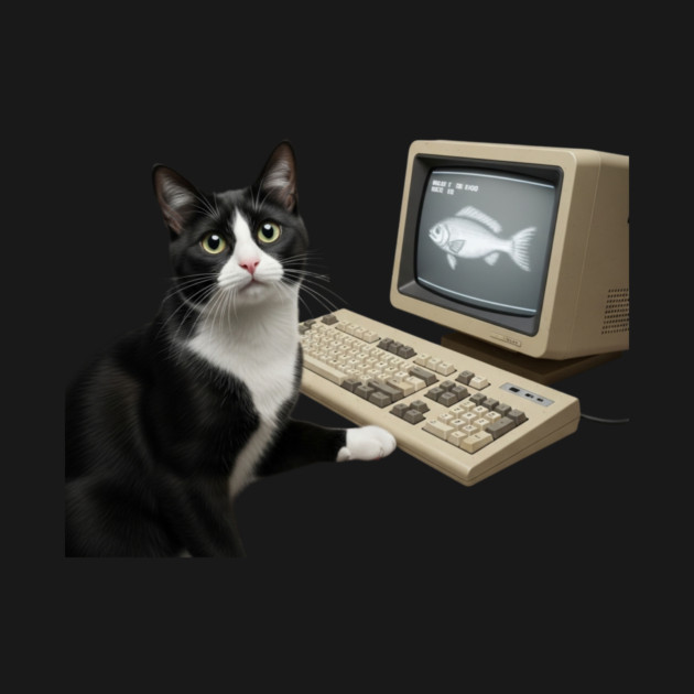 Cat on Retro Computer - Cat On Retro Computer - T-Shirt | TeePublic