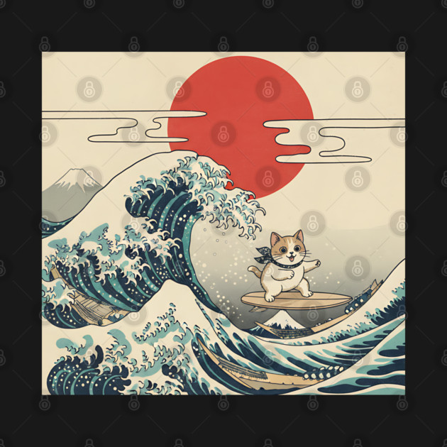 Surfing Cat Japanese Ukiyo-e - Cat Japanese - T-Shirt | TeePublic