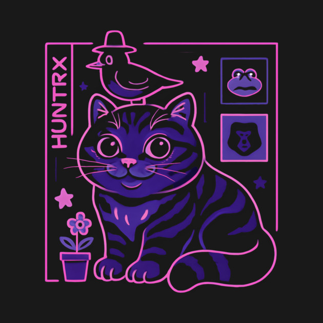 Night Cat With Bird Hat & Whimsical - Neon Cat Art - T-Shirt | TeePublic