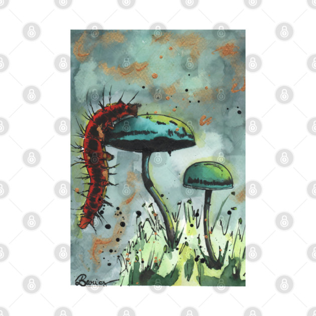 Red Caterpillar on Mystic Fungi - Watercolor Painting - Mushroom - T ...