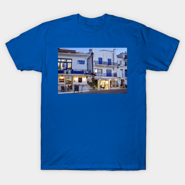 Greek blue, cafe and shops - Andros - T-Shirt | TeePublic