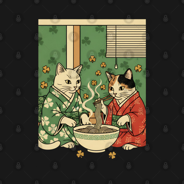 Lucky Ramen Cats – Vintage Japanese Shamrock - Japanese Cat - T-Shirt ...