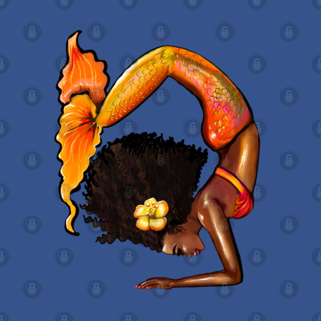 Mermaid handstand under the ocean - brown skin orange fins and hibiscus ...