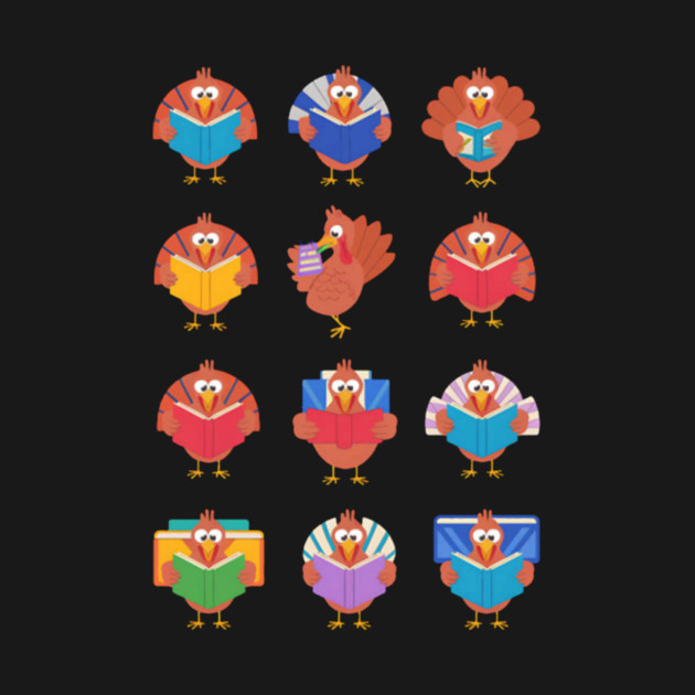 Cute Turkeys Reading Books Thanksgiving Books Lovers - Thanksgiving - T ...
