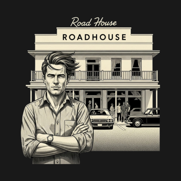 Retro Cool Road House Man in Front of Bar Scene Drawing - Retro Cool ...