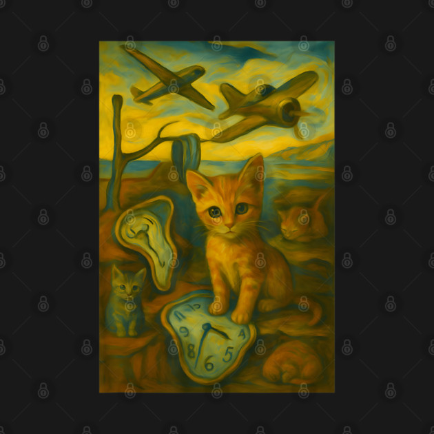 A Dali Inspired Cat Clock And Airplane - Surreal Cat Clock - T-Shirt ...