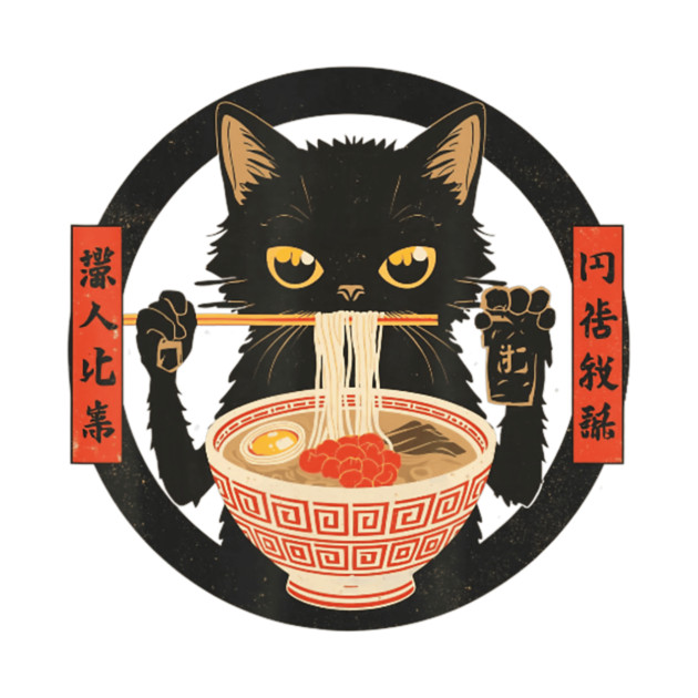 Kawaii Black Cat Eating Ramen Japanese Food Anime Cute Illustration ...
