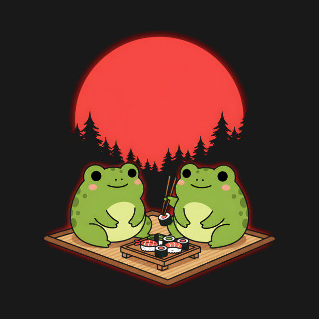 Cute Japanese Frog Sushi Under Red Moon - Japanese Frog - T-Shirt ...