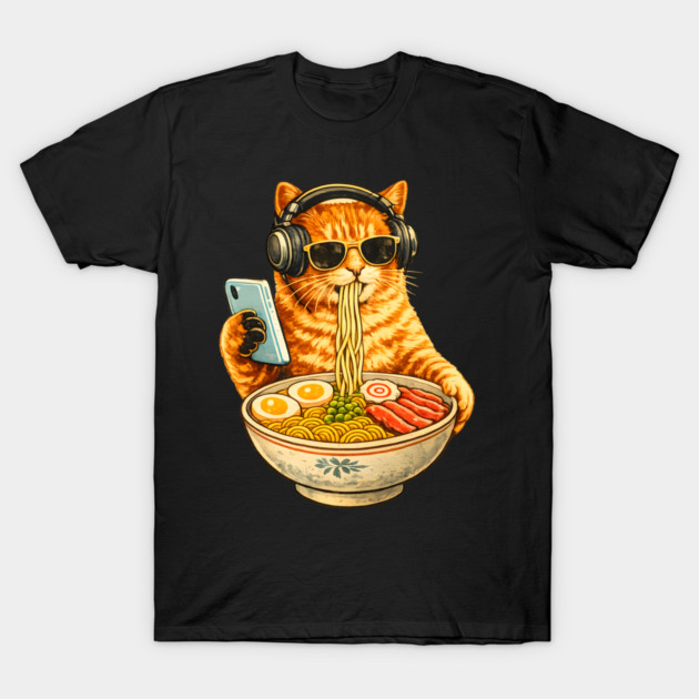 Anime Cat Ramen T-Shirt, Cat Eating Ramen Funny Shirt, Graphic Tee for ...