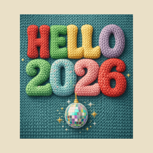 Hello 2026 Cozy Knit Letter Design with Disco Ball - Hello 2026 Cozy ...