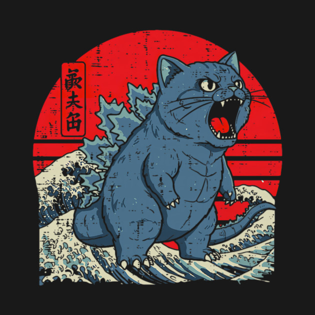 Japanese Cat Monster Waves Funny Catzilla - Cat - T-Shirt | TeePublic
