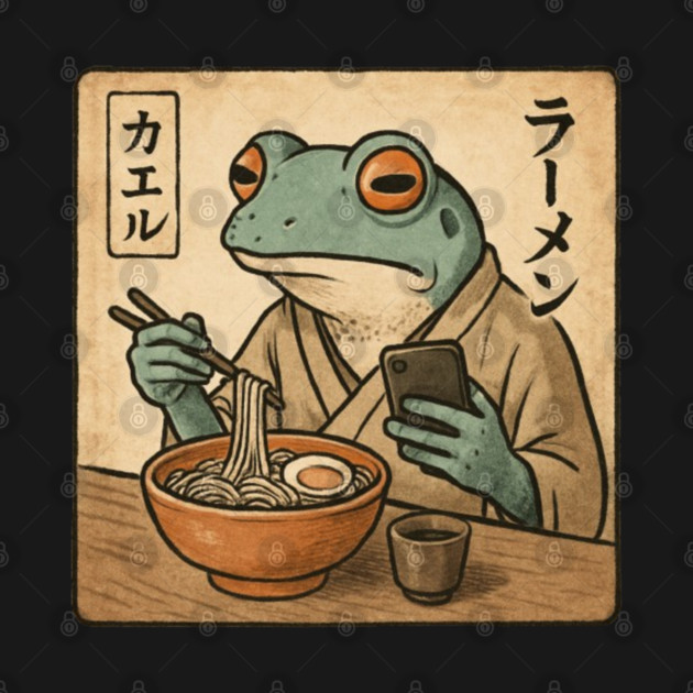 Funny Grumpy Japanese Frog Eat Ramen and Scroll Phone - Frog Ramen - T ...