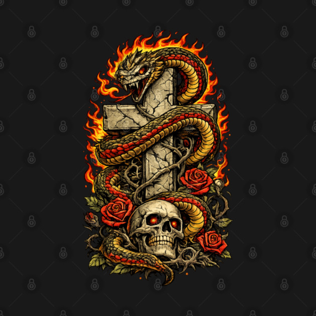 Fire Snake Scorpio Zodiac with Skull, Cross & Roses – Traditional ...