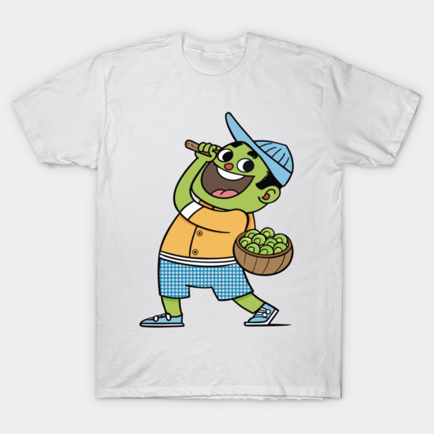 Boy with Baseball Bat and Bowl of Fruit - Cartoons - T-Shirt | TeePublic