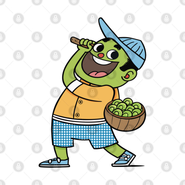 Boy with Baseball Bat and Bowl of Fruit - Cartoons - T-Shirt | TeePublic