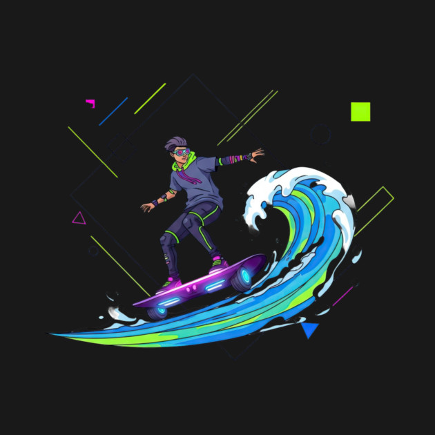 Young man surfing on a futuristic board with vibrant wave - Hoverboard ...