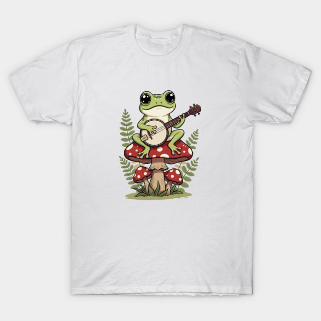 Cute Cottagecore Frog Playing Banjo on Mushroom - Frog - T-Shirt ...
