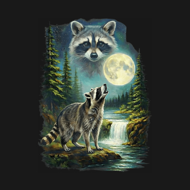 Raccoon Moonlit Night Forest Illustration With Howling Panda Scene ...