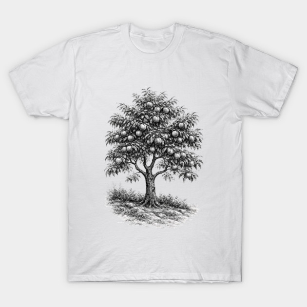 Peach Tree with Fruit – Detailed Monochrome Botanical Illustration ...