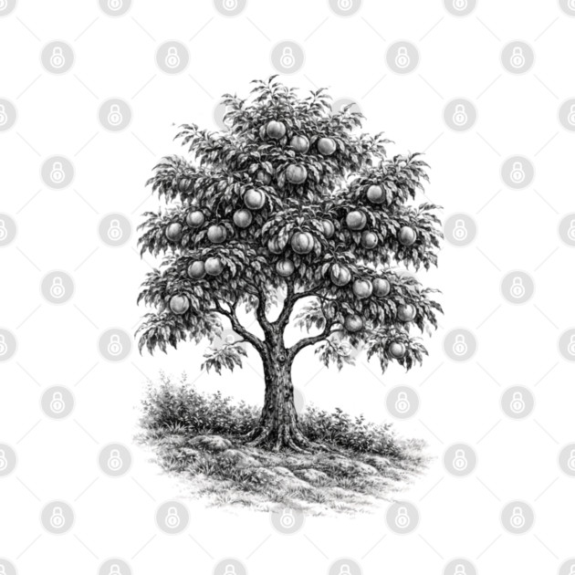 Peach Tree with Fruit – Detailed Monochrome Botanical Illustration ...