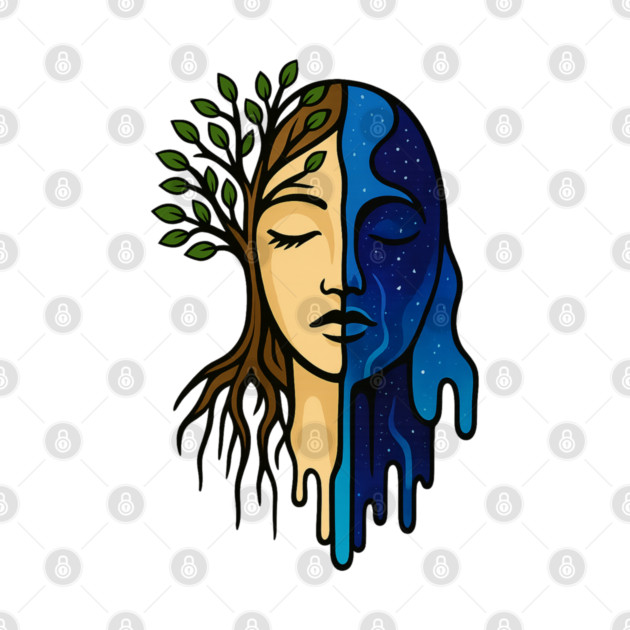 Dual Nature Split Face - Earthly Roots and Cosmic Flow Art - Duality ...