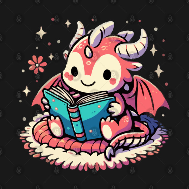 Kawaii Bookworm Dragon - Cute Reading Fantasy Art - Dragon - T-Shirt ...